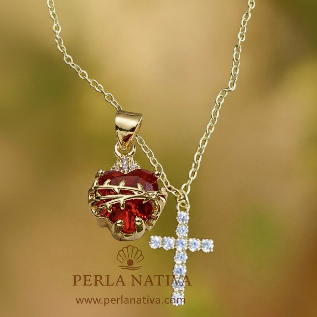 Cruz Zirconia y Sagrado Corazón Rojo – Perla Nativa